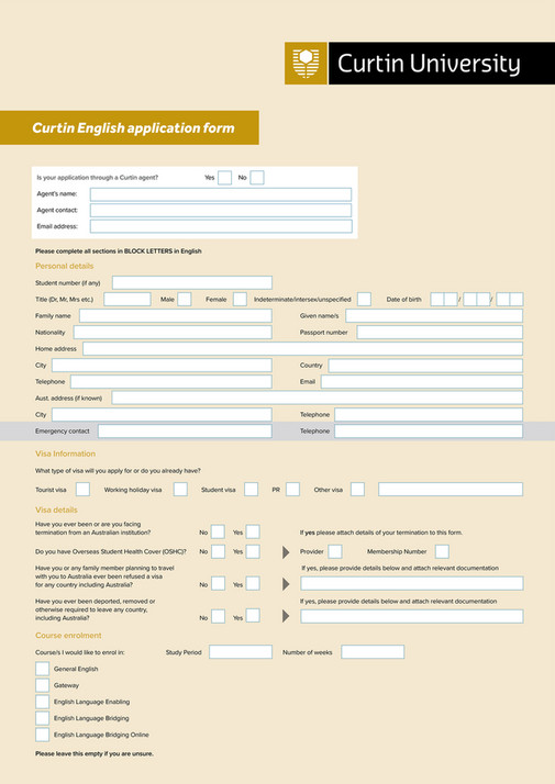 Curtin University - Curtin English Application Form - Page 1