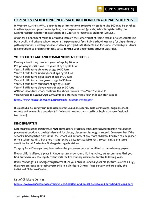 Curtin University - Dependent Schooling Information - Page 1