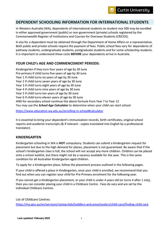 Curtin University - Dependent Schooling Information - Page 1