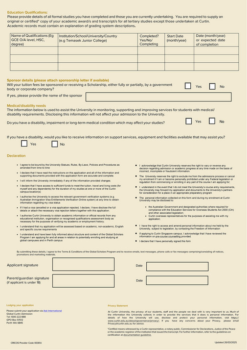 Curtin University - Global Scholars Program application form - Page 2