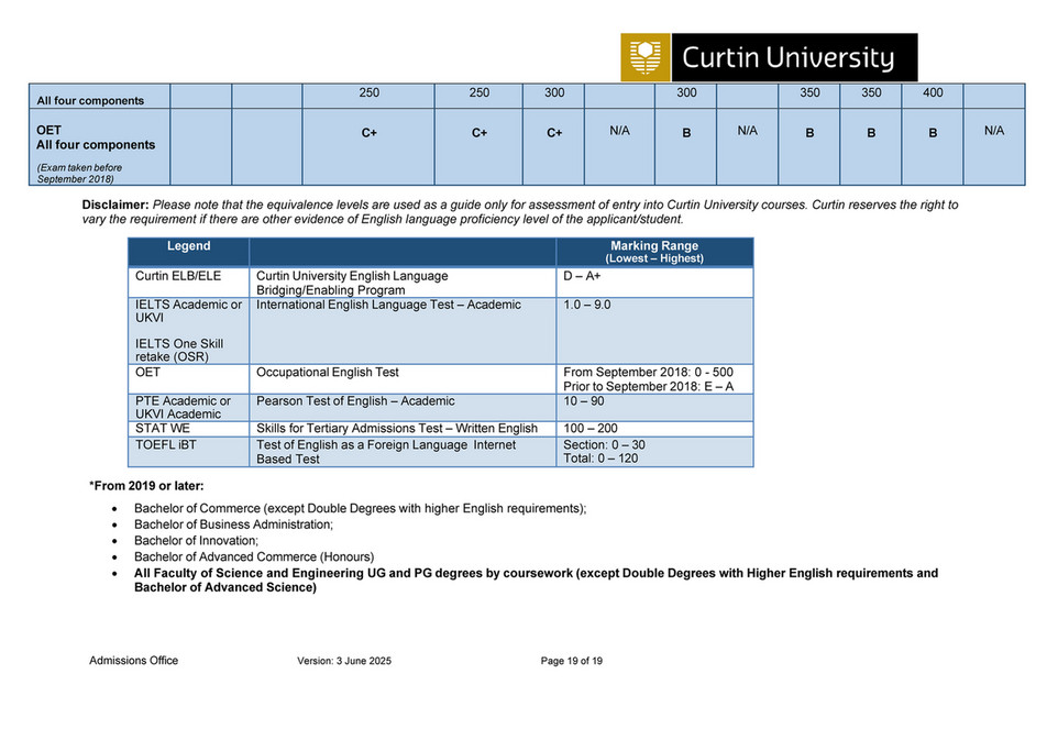 Curtin University - English competency equivalents chart - Page 2