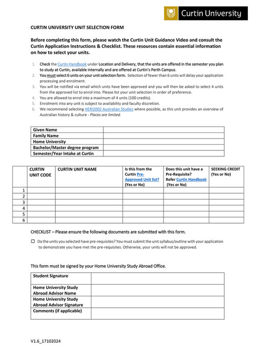 Curtin University - GoGlobal-Unit-Selection-Form - Page 1